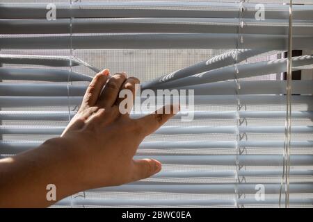 The fingers stretched the window blinds looking outside Stock Photo - Alamy