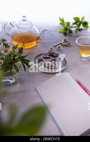 Open diary and a cup of tea, copy space Stock Photo - Alamy