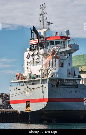 Escape pod or free-fall lifeboat on the back of a container ship Stock ...
