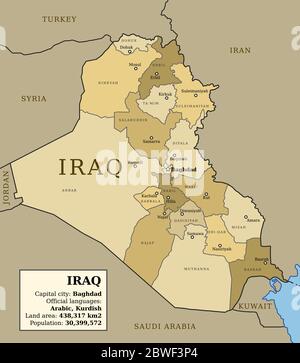 Iraq map with provinces (governorates) in various colours and cities ...