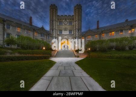 Princeton University campus, Blair Hall. Students walking to classes on ...