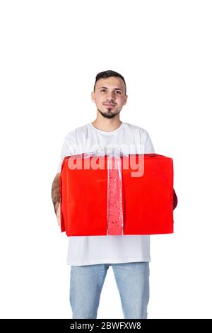 be my valentine. boxing day. handsome man with present box ...
