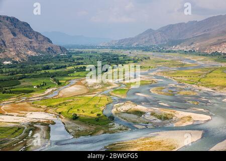 Swat river view from hilltop of ancient Bazira, Bazira ruins, Barikot ...