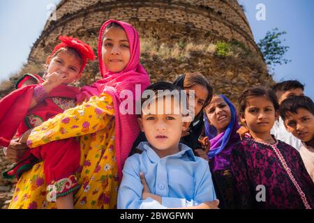 Lacal children at Shingardar Stupa, Buddist stupa, Shingardar, Swat ...