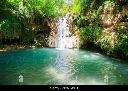 Beautiful view of secret place in Spring forest, small waterfall Stock ...