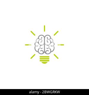 Green bulb with brain and rays flat icon. Isolated on white. New ...