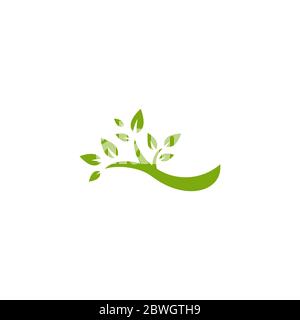 Green curved tree with leaves. Round border with plant. Isolated on ...