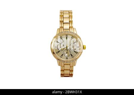 Gold shiny metal chronograph wristwatch. White dial face and numerals ...