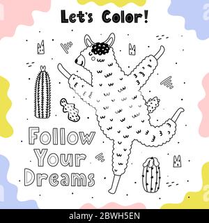 Cartoon cute happy llama. Coloring book page with colorful template for ...