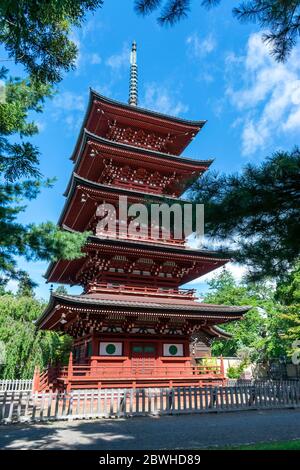 The five-storied pagoda in a forest of cedar trees with deep snow at ...
