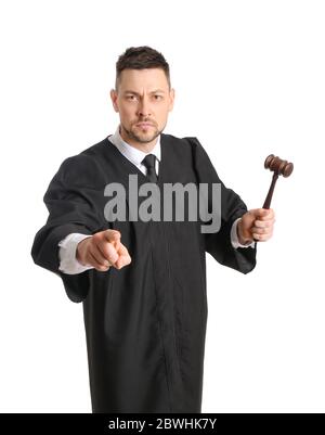 Strict male judge on white background Stock Photo - Alamy