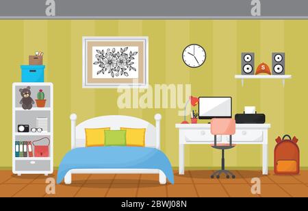 Girl student bedroom. Teenager apartment room, online study at home and ...