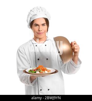 Transgender chef with salad on white background Stock Photo - Alamy