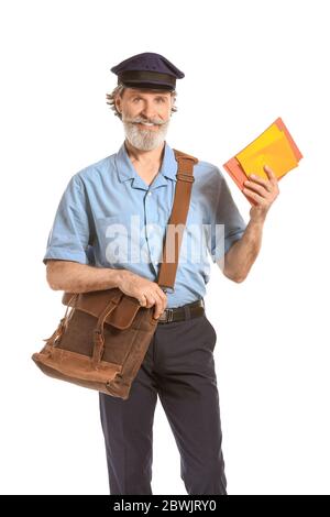 Handsome old postman on white background Stock Photo - Alamy