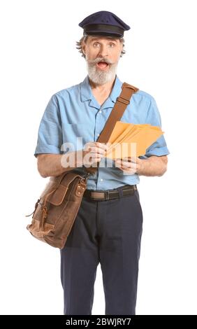Surprised old postman on white background Stock Photo - Alamy