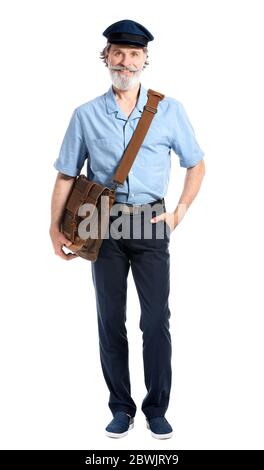 Handsome old postman on white background Stock Photo - Alamy