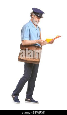 Handsome old postman on white background Stock Photo - Alamy