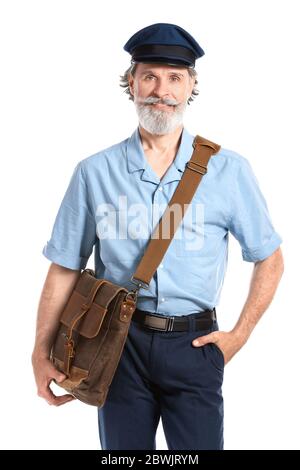 Handsome old postman on white background Stock Photo - Alamy