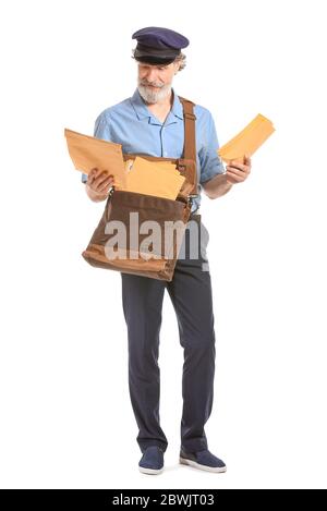 Handsome old postman on white background Stock Photo - Alamy