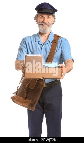Handsome old postman on white background Stock Photo - Alamy