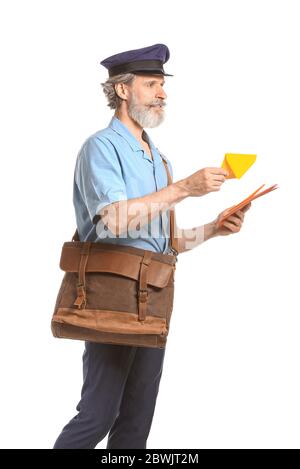 Handsome old postman on white background Stock Photo - Alamy