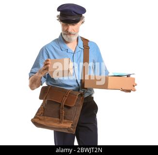 Handsome old postman on white background Stock Photo - Alamy