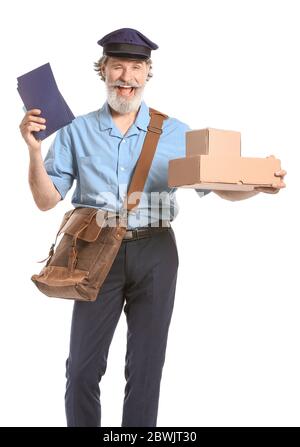 Handsome old postman on white background Stock Photo - Alamy