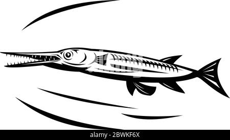 Illustration of a needlefish jumping done in retro woodcut style on ...