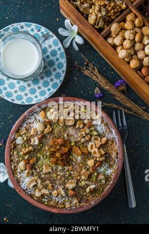 Milk on Egyptian bread pudding in a brown bowl pottery casserole made ...