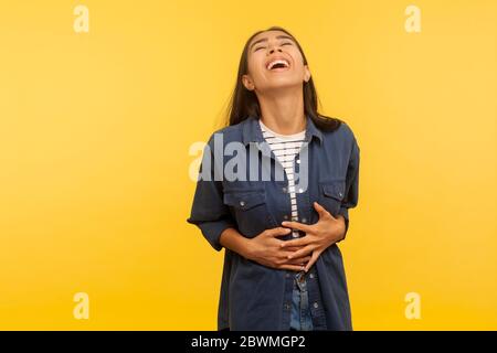 Portrait of funny carefree girl hand fingers demonstrate v-sign near ...