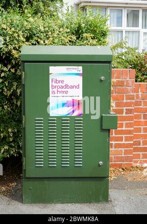 BT Openreach fibre broadband green street cabinet, seen in St Ives ...