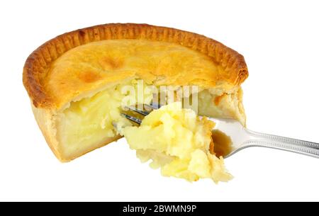 Traditional English Lancashire savoury butter pie isolated on a white ...
