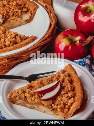 Piece of homemade apple pie with cinnamon and cup of tea on white ...