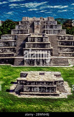 Temple-pyramid in talud-tablero style and double stair at the Maya city ...