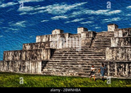 Temple-pyramid in talud-tablero style and double stair at the Maya city ...