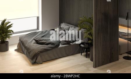 Angle view black minimalist Interior of modern living room 3D rendering ...