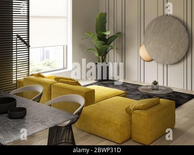Black minimalist Interior of modern living room 3D rendering Stock ...