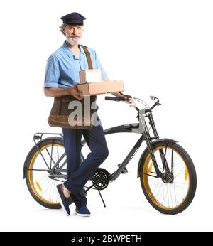 Handsome old postman with bicycle on white background Stock Photo - Alamy