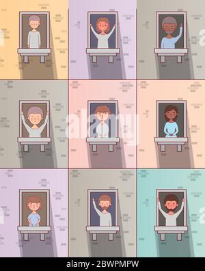 people avatars at windows building design, architecture stay at home ...