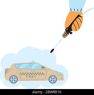 people with protective suit disinfecting car vector illustration in ...
