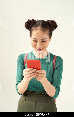 Full length photo of charming pretty lady use netbook hand thumb up ...