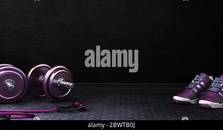 Dark Fitness background with dumbbells. 3d Rendering Stock Photo - Alamy