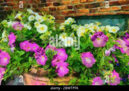 Purple and pale yellow bushes, flowers with bright purple spittoon ...