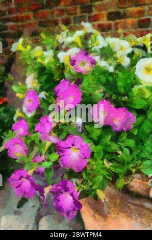 Purple and pale yellow bushes, flowers with bright purple spittoon ...