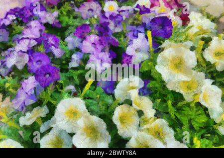 Purple and pale yellow bushes, flowers with bright purple spittoon ...