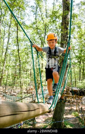Boy climbing in the climbing forest and high ropes course, Potsdam ...