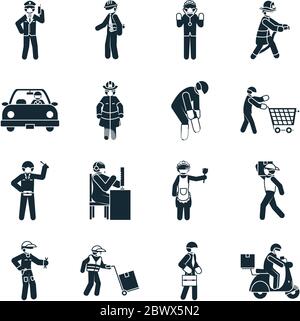 pictogram driver and essential workers icon set over white background ...