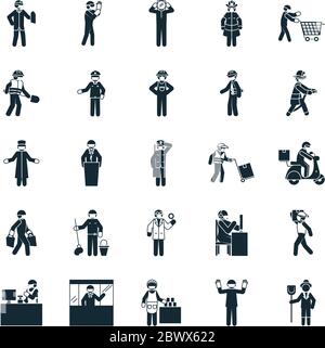 pictogram construction worker and essential workers icon set over white ...