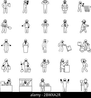 pictogram construction worker and essential workers icon set over white ...