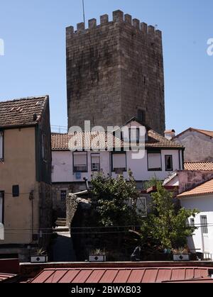 The majestic Lomego Moors castle 12th century surrounded by old houses ...
